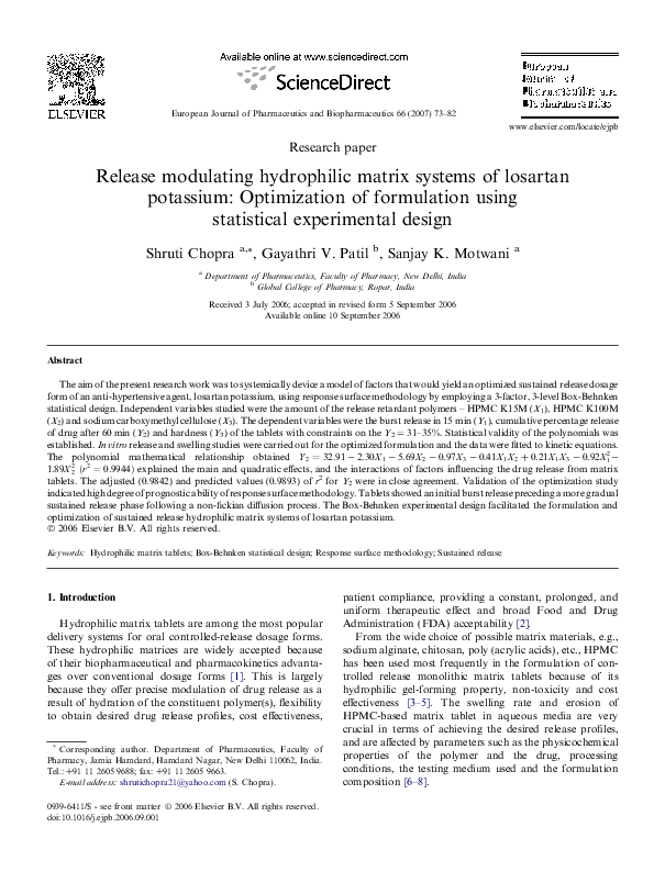 Pdf Release Modulating Hydrophilic Matrix Systems Of Losartan