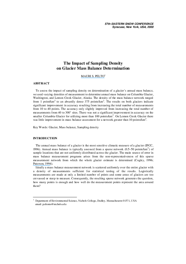 (PDF) The impact of sampling density on glacier mass balance determination | Mauri Pelto ...
