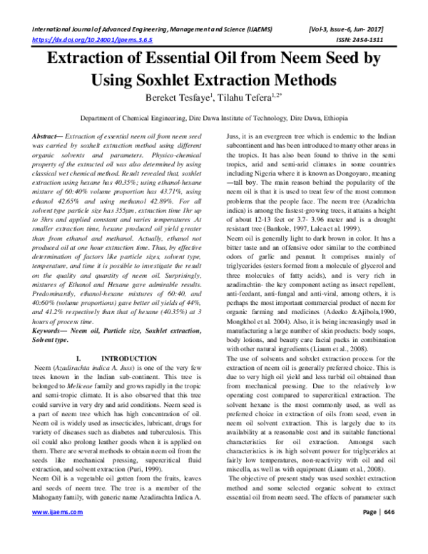 Pdf Extraction Of Essential Oil From Neem Seed By Using Soxhlet