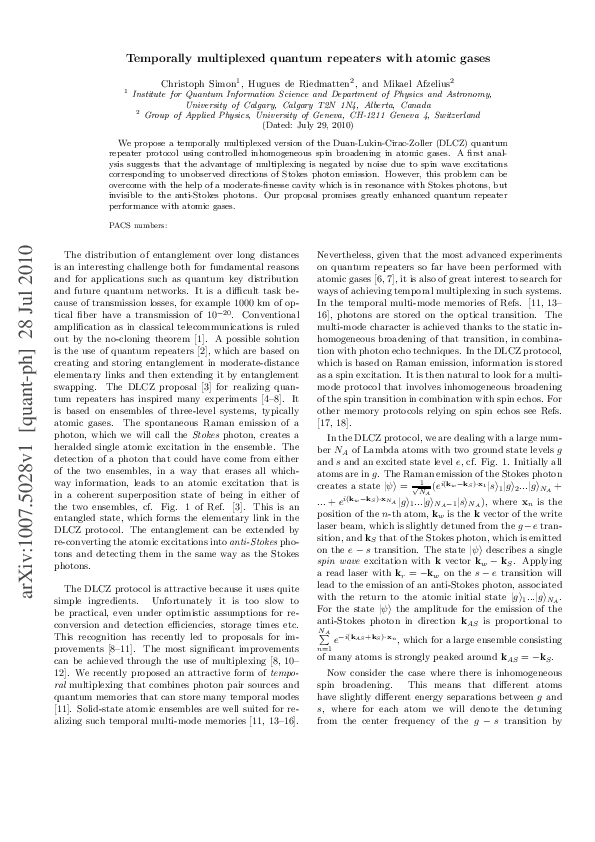 (PDF) Temporally multiplexed quantum repeaters with atomic gases