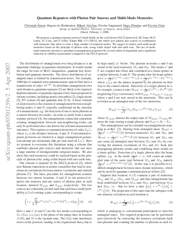 (PDF) Quantum Repeaters with Photon Pair Sources and Multimode Memories