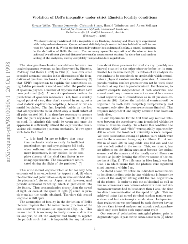 (PDF) Violation of Bell's Inequality under Strict Einstein Locality ...