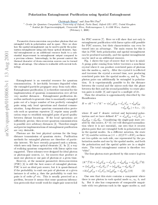 (PDF) Polarization entanglement purification using spatial entanglement | Christoph Simon ...