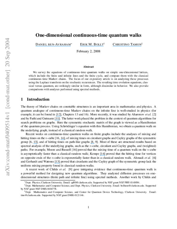 (PDF) One-Dimensional Continuous-Time Quantum Walks