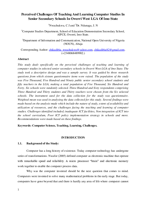 (DOC) Perceived Challenges Of Teaching And Learning Computer Studies In ...
