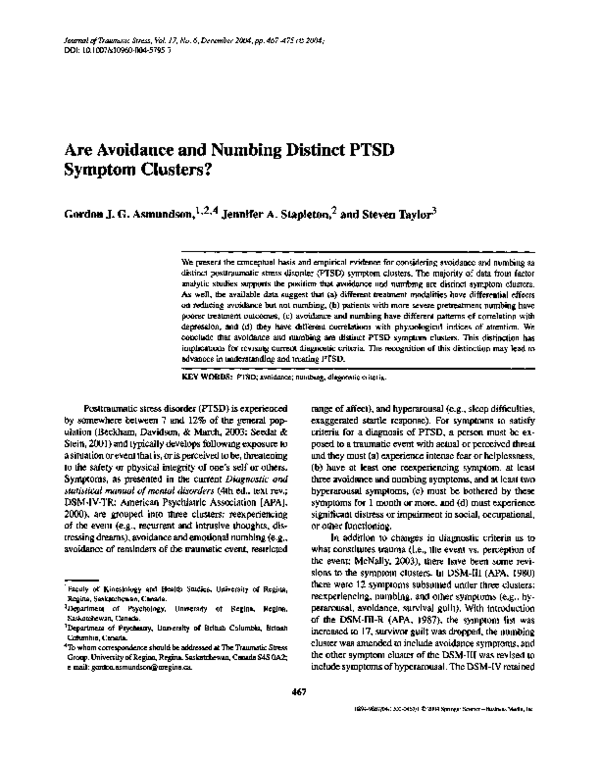 (PDF) Are avoidance and numbing distinct PTSD symptom clusters?