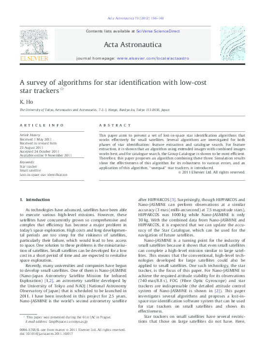 (PDF) A survey of algorithms for star identification with low-cost star trackers | Koki Ho ...