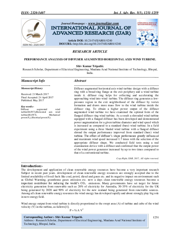 (PDF) PERFORMANCE ANALYSIS OF DIFFUSER AUGMENTED HORIZONTAL AXIS WIND TURBINE