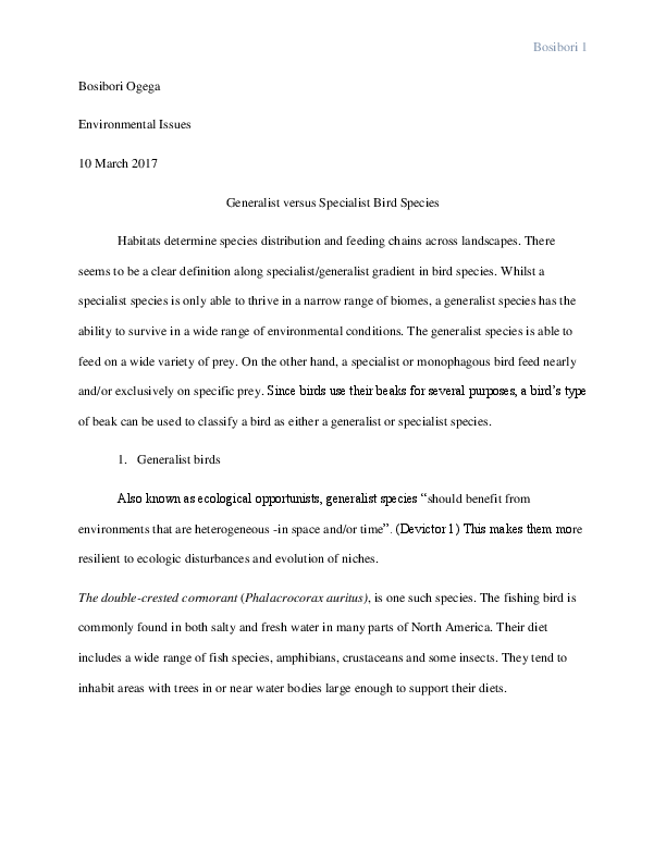(DOC) Generalist Vs Specialist Bird Species MLA Format