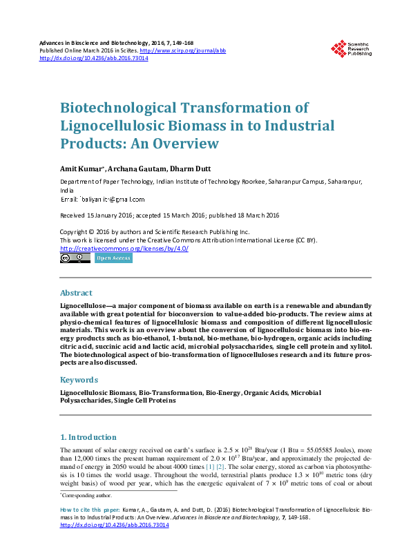 (PDF) Biotechnological Transformation of Lignocellulosic Biomass in to Industrial Products: An ...