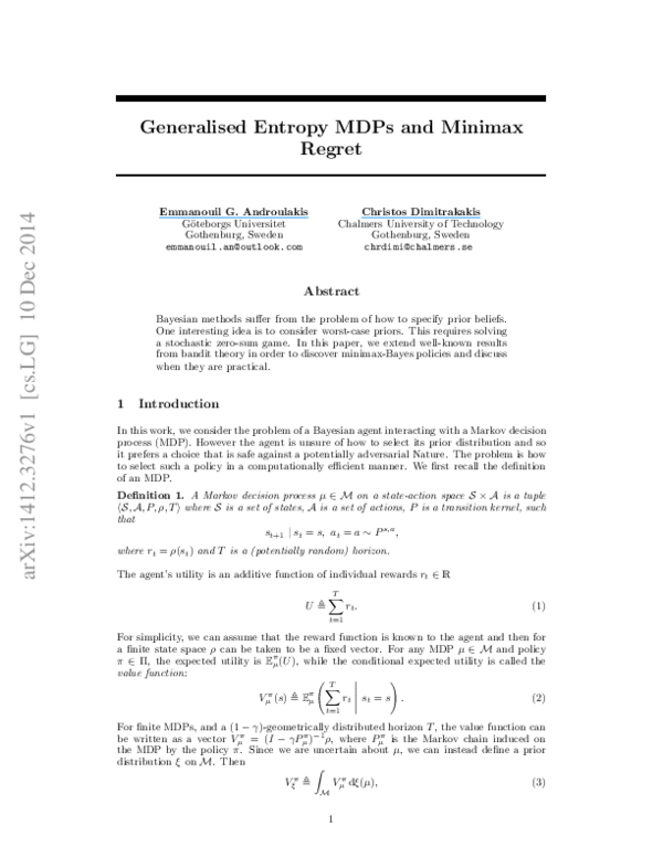 (PDF) Generalised Entropy MDPs and Minimax Regret | Christos ...