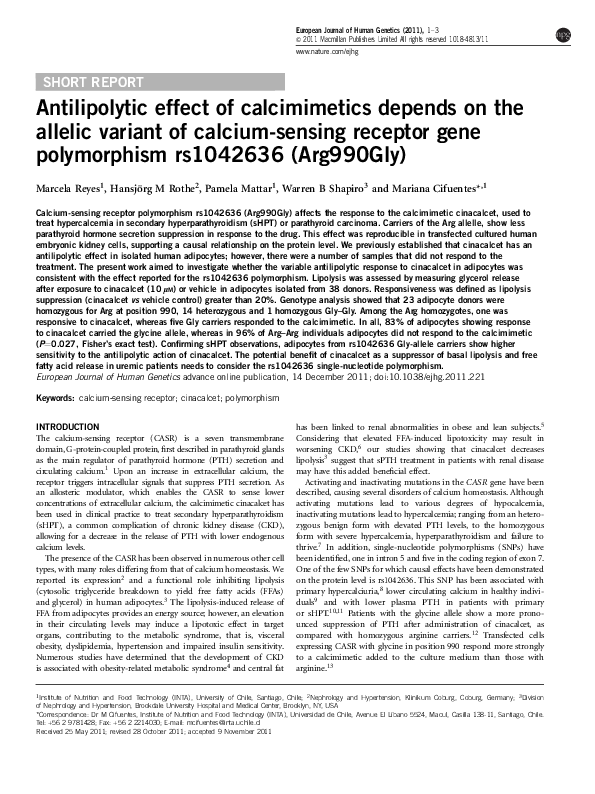 (PDF) Antilipolytic effect of calcimimetics depends on the allelic ...
