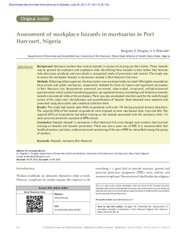(PDF) Assessment of workplace hazards in mortuaries in Port Harcourt ...