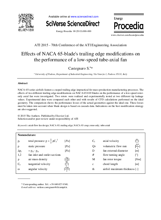 (PDF) Effects of NACA 65-blade's trailing edge modifications on the performance of a low-speed ...
