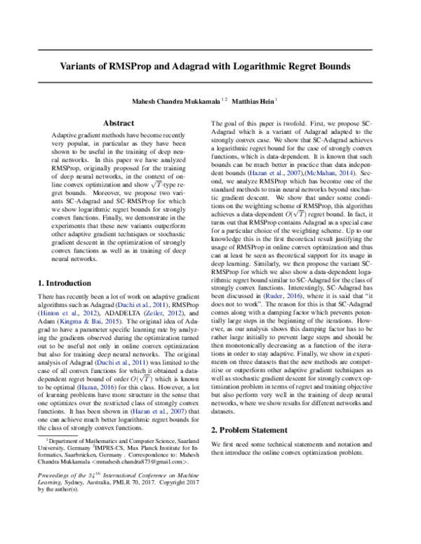 (PDF) Variants of RMSProp and Adagrad with Logarithmic Regret Bounds