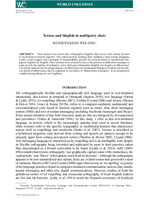 (PDF) Textese and Singlish in multiparty chats | Kenneth Keng Wee Ong ...