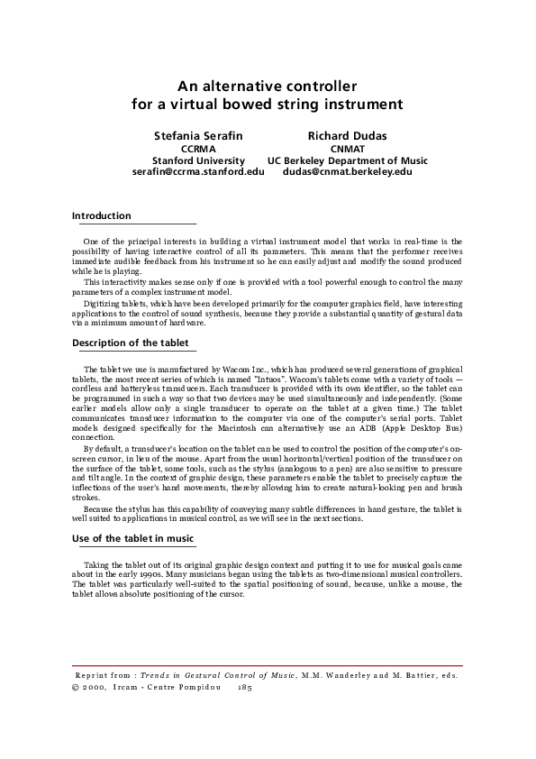 (PDF) An alternative controller for a virtual bowed string instrument