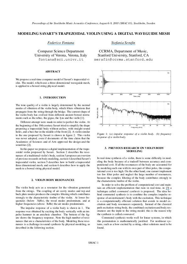 (PDF) Modeling savart's trapezoidal violin using a digital waveguide mesh