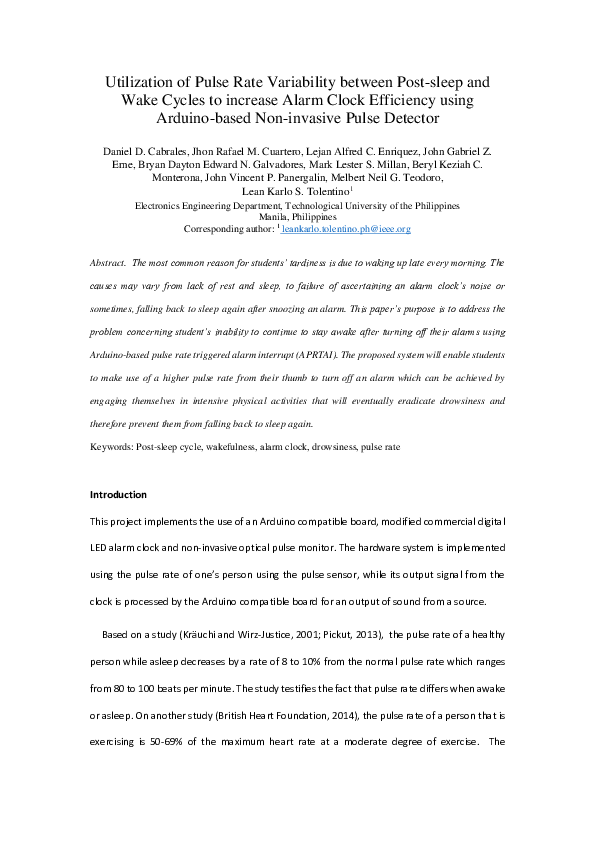 (PDF) Utilization of Pulse Rate Variability between Post-sleep and Wake Cycles to increase Alarm ...
