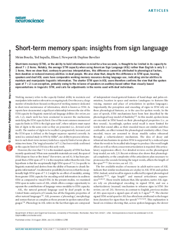 (PDF) Short-term memory span: insights from sign language