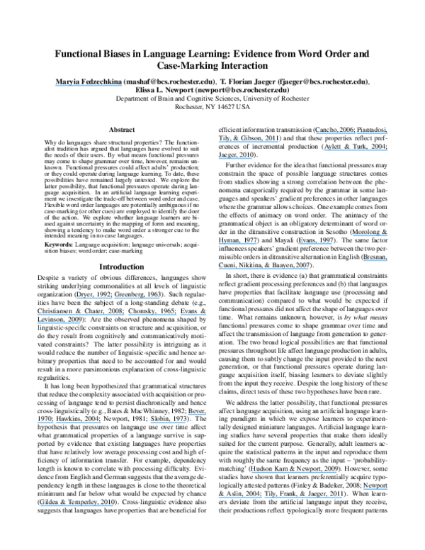 (PDF) Functional pressures in (artificial) language learning