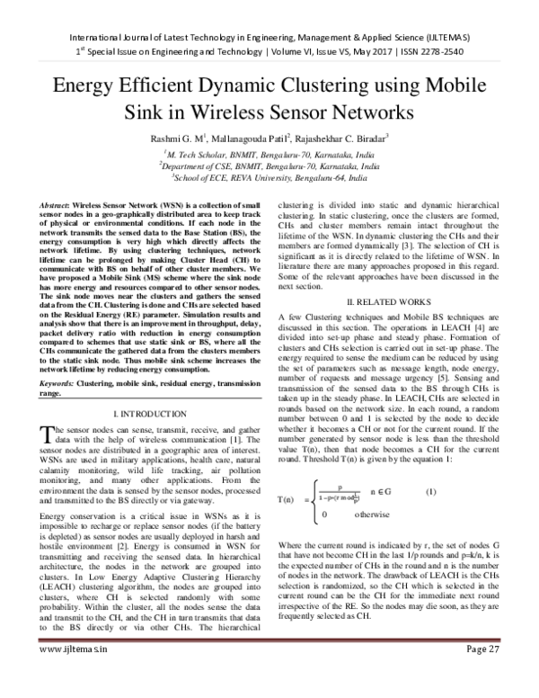 Pdf Energy Efficient Dynamic Clustering Using Mobile Sink In Wireless Sensor Networks