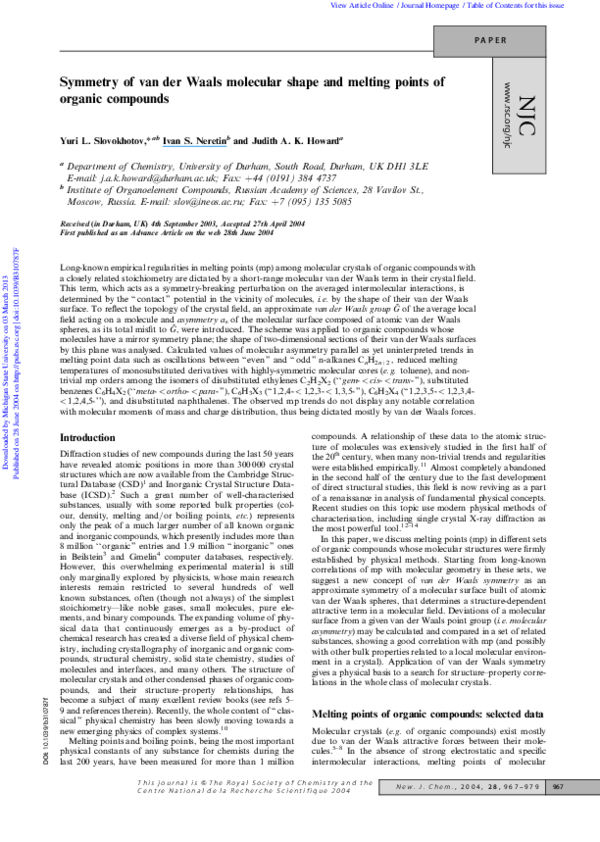 (PDF) Symmetry of van der Waals molecular shape and melting points of ...