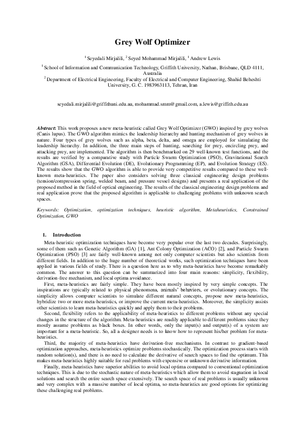 (PDF) Grey Wolf Optimizer | Viswaksena B - Academia.edu