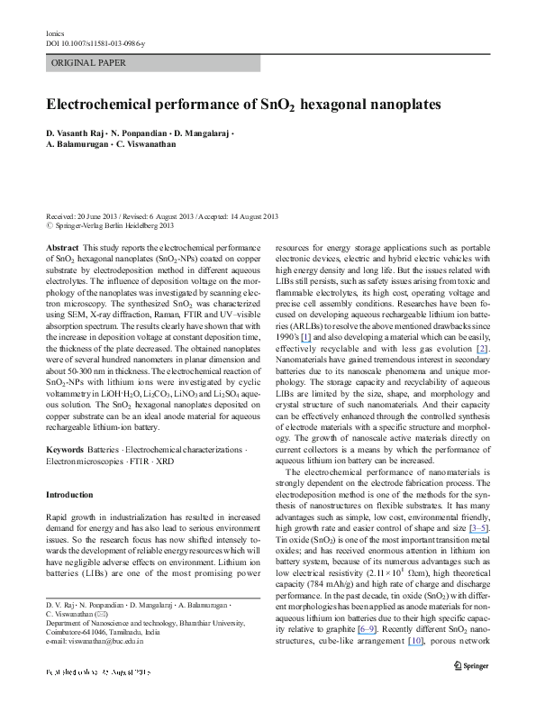 (PDF) Electrochemical performance of SnO2 hexagonal nanoplates