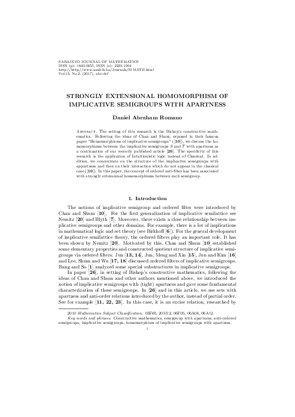 Pdf Strongly Extensional Homomorphism Of Implicative Semigroups With Apartness Daniel
