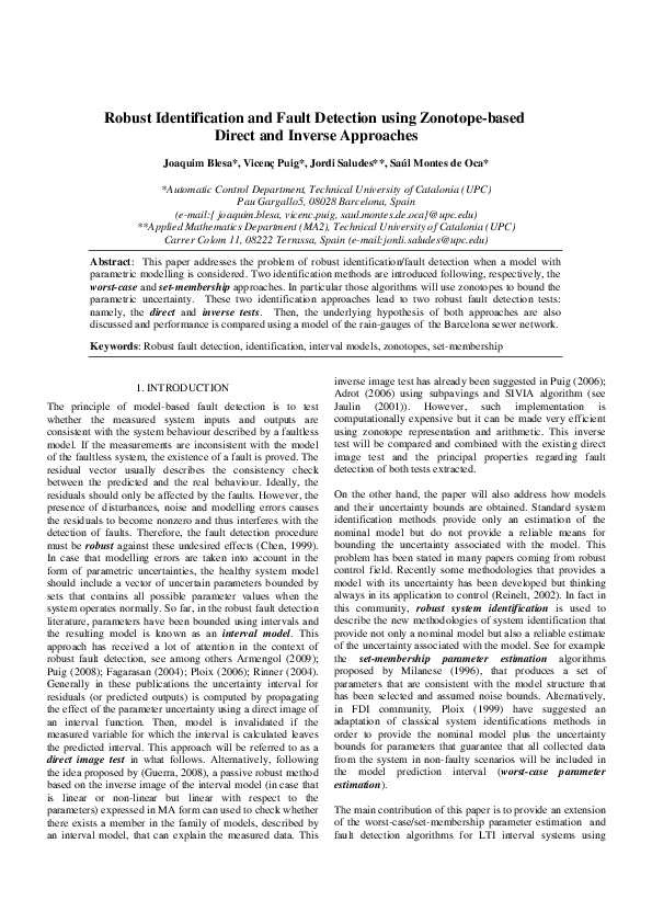 Pdf Robust Identification And Fault Detection Using Zonotope Based