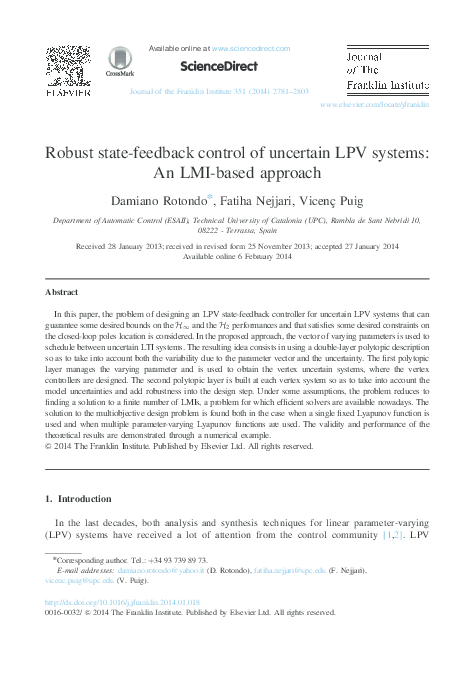 Pdf Robust State Feedback Control Of Uncertain Lpv Systems An Lmi