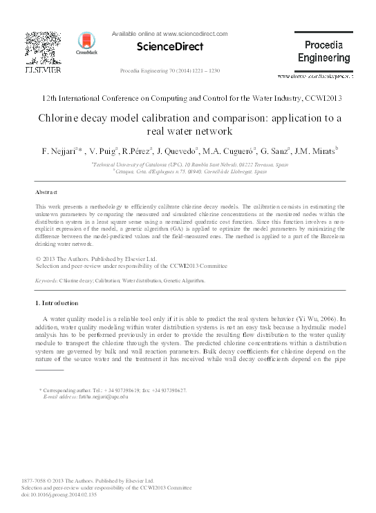 (PDF) Chlorine Decay Model Calibration and Comparison: Application to a ...