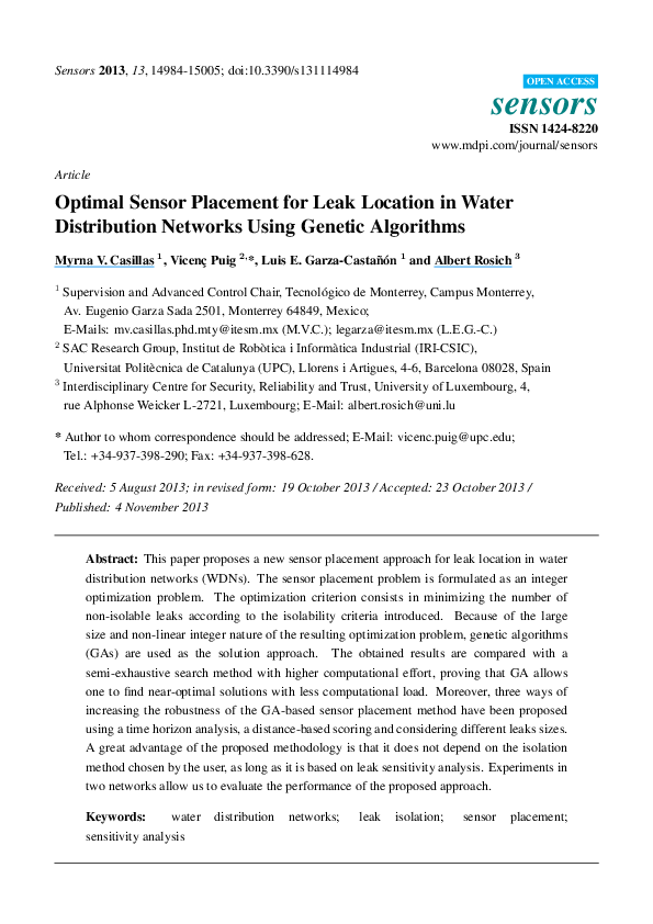 Pdf Optimal Sensor Placement For Leak Location In Water Distribution Networks Using Genetic