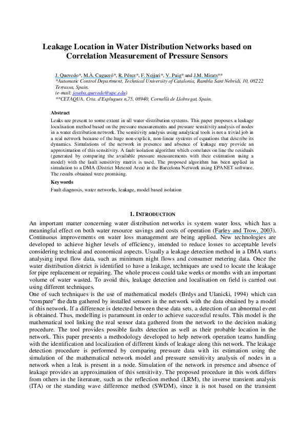 Pdf Leakage Location In Water Distribution Networks Based On