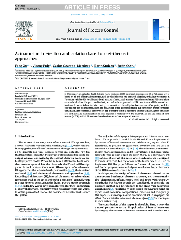 Pdf Actuator Fault Detection And Isolation Based On Set Theoretic Approaches Vicenç Puig