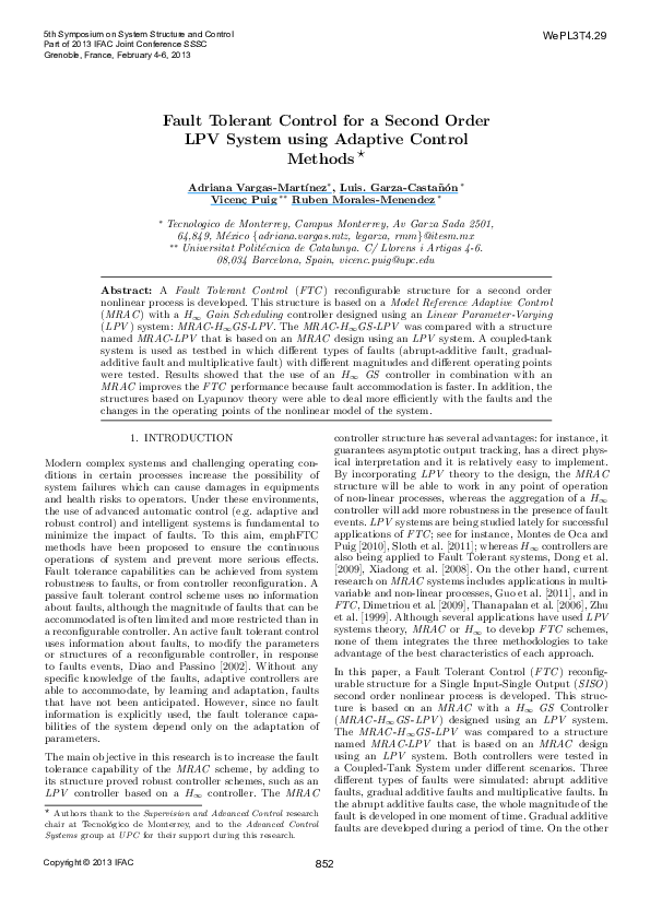 (PDF) Fault Tolerant Control for a Second Order LPV System Using Adaptive Control Methods ...