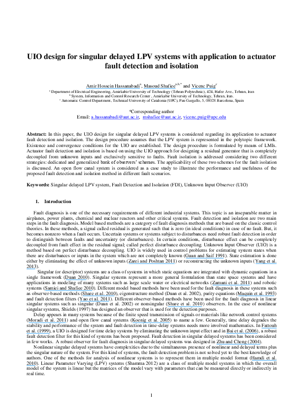 (PDF) UIO design for singular delayed LPV systems with application to actuator fault detection ...