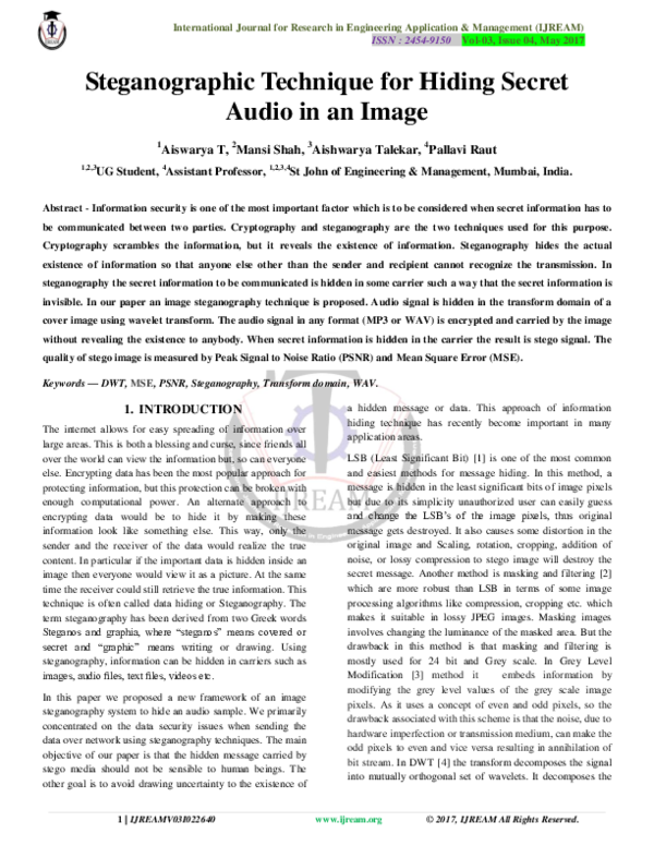 (PDF) Steganographic Technique for Hiding Secret Audio in an Image