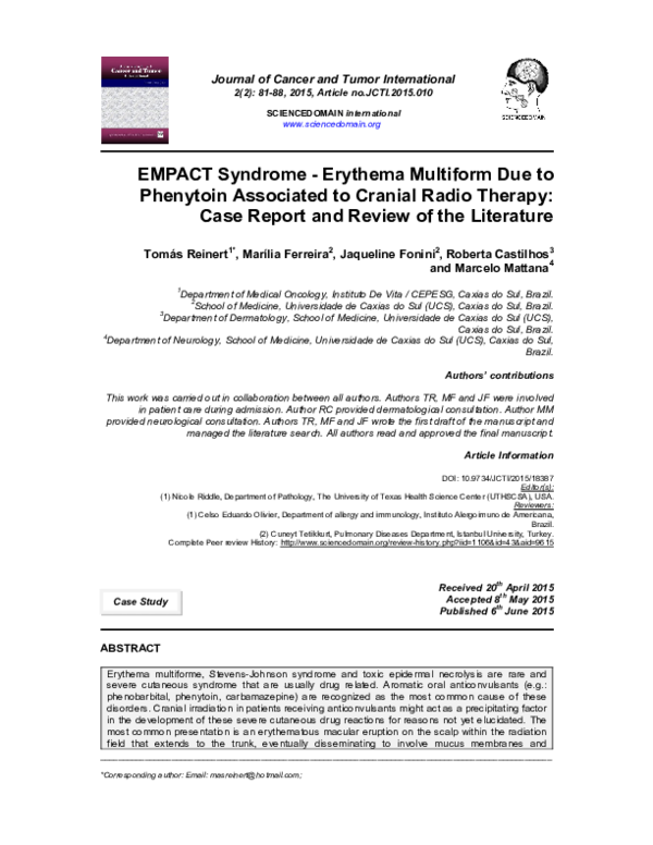 (PDF) EMPACT Syndrome -Erythema Multiform Due to Phenytoin Associated ...