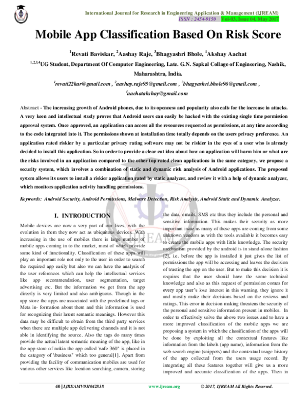 (PDF) Mobile App Classification Based On Risk Score