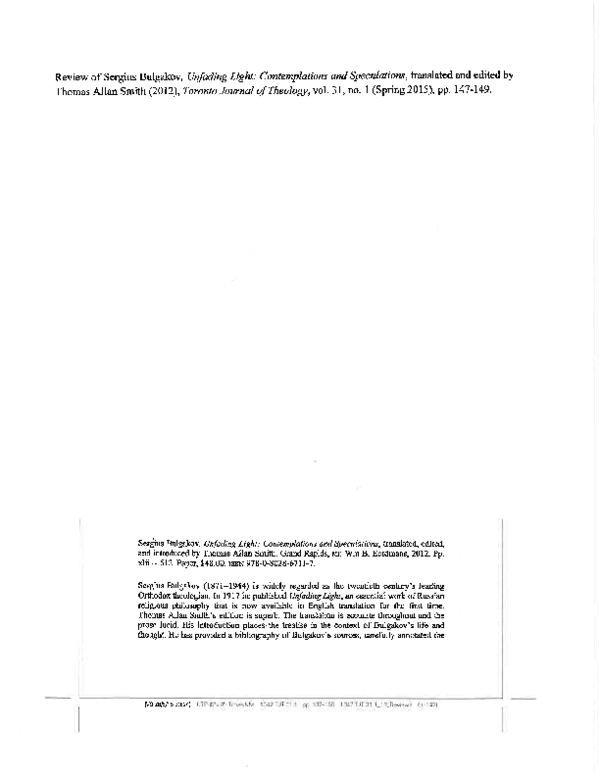 (PDF) Sergius Bulgakov, Unfading Light: Contemplations and Speculations ...