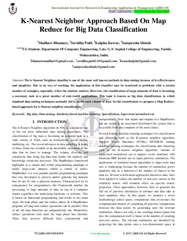 Pdf K Nearest Neighbor Approach Based On Map Reduce For Big Data Classification Ijream