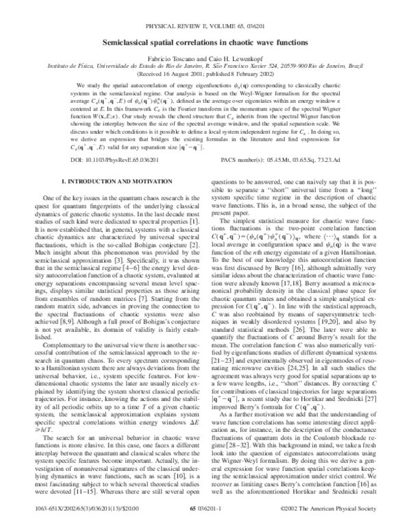 Pdf Semiclassical Spatial Correlations In Chaotic Wave Functions Caio Lewenkopf
