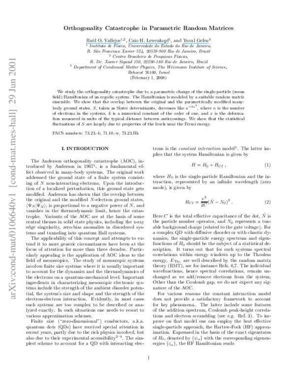 (PDF) Orthogonality catastrophe in parametric random matrices