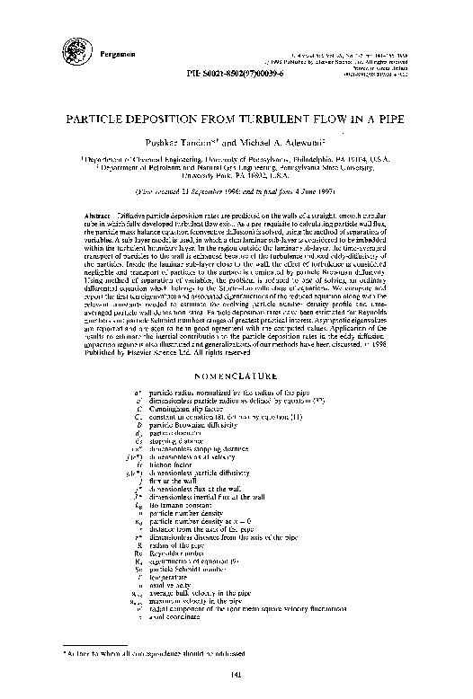 (PDF) Particle deposition from turbulent flow in a pipe