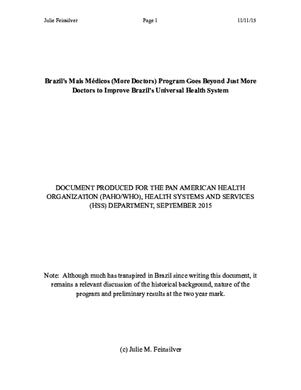 (PDF) Brazil's Mais Médicos (More Doctors) Program Goes Beyond Just ...