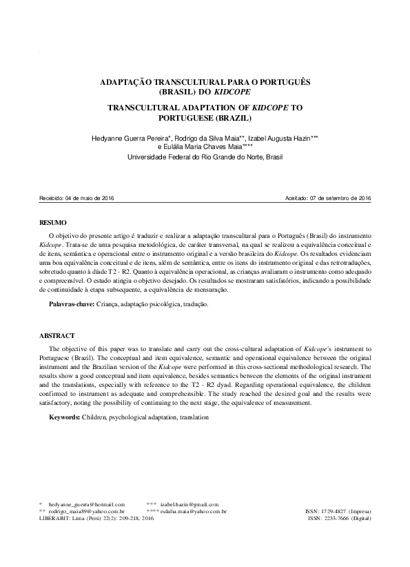 (PDF) ADAPTAÇÃO TRANSCULTURAL PARA O PORTUGUÊS (BRASIL) DO KIDCOPE ...