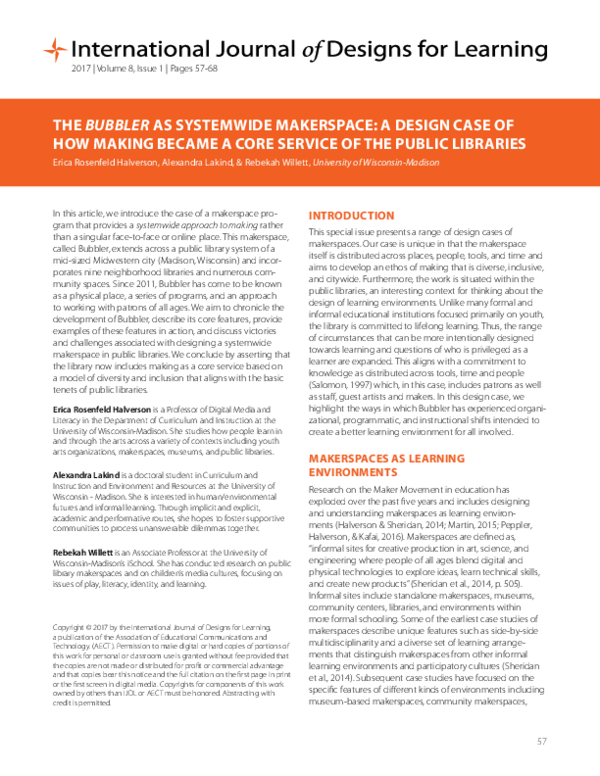 (PDF) Halverson, E., Lakind, A., Willett, R. (2017). "The Bubbler as Systemwide Makerspace: A ...