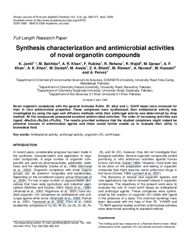 (PDF) Synthesis characterization and antimicrobial activities of noval organotin compounds ...